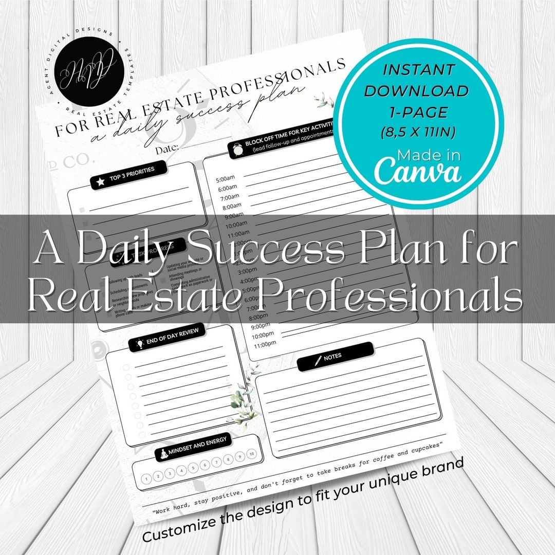 Real Estate Agent Daily Planner - One-page Template for Mastering Time ...