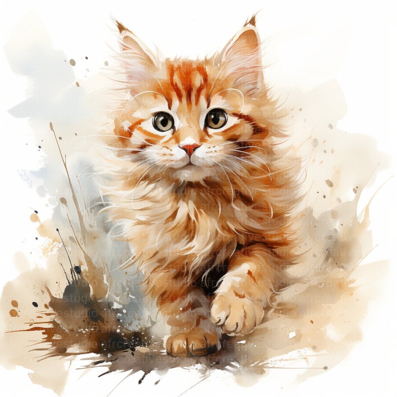 13 Watercolor Ginger Cat, Long Hair Orange Cat, High Quality Clipart ...