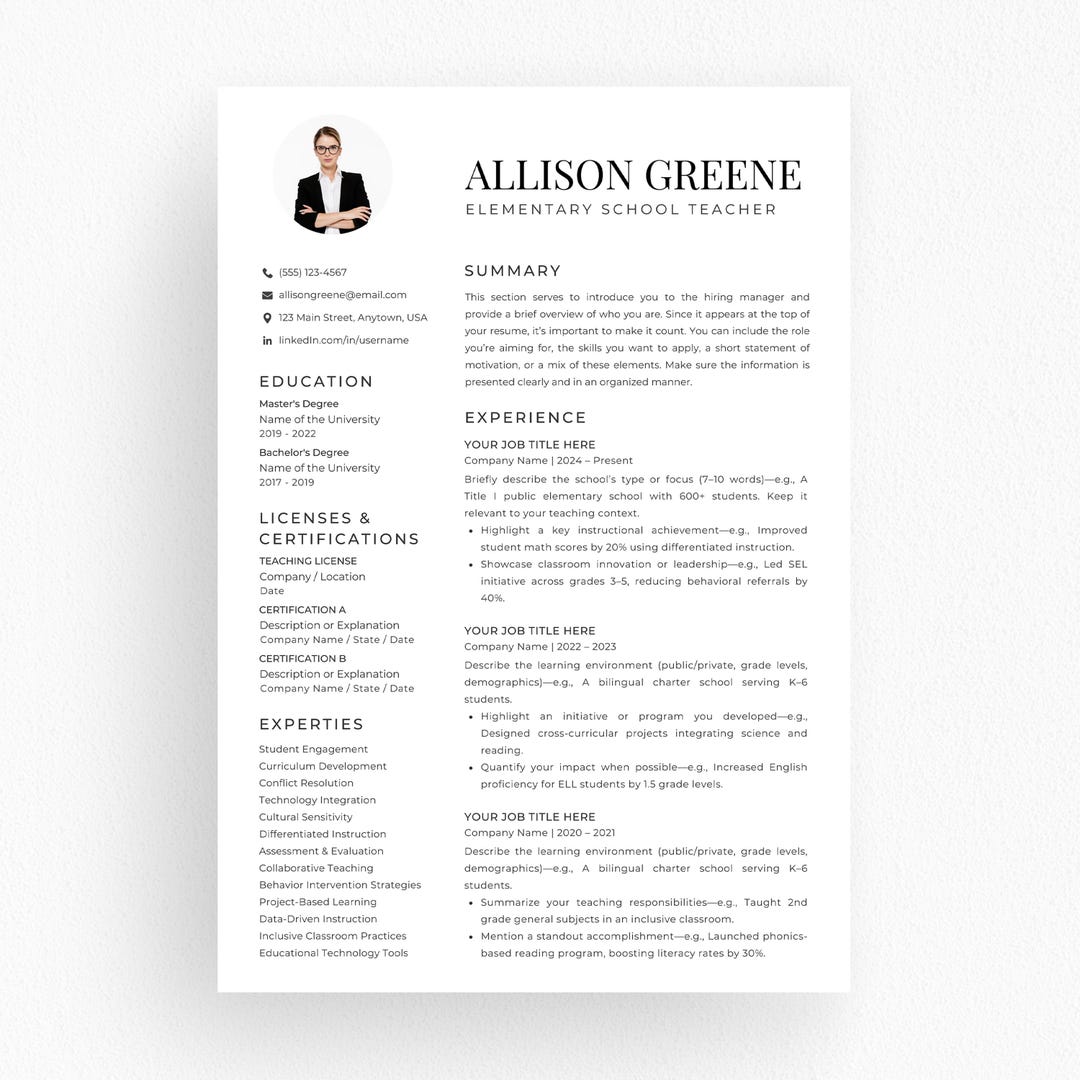 Modern Teacher Resume Template With Photo, Canva Word Powerpoint ...