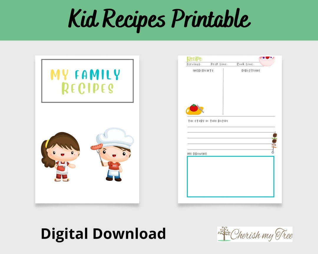 Kid's Family Recipes Book Printable, Child Cookbook, Recipe Card ...