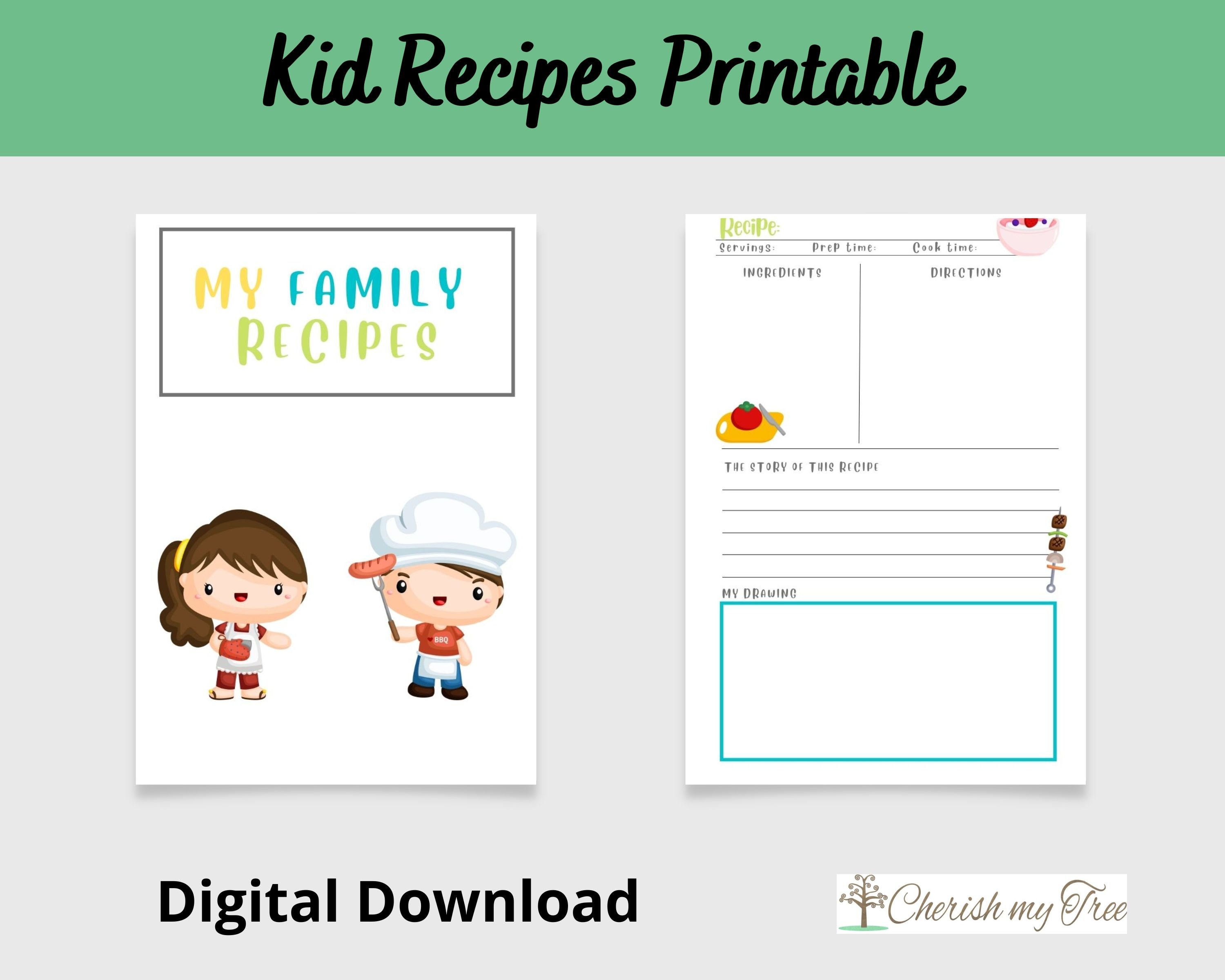 Kid's Family Recipes Book Printable, Child Cookbook, Recipe Card ...