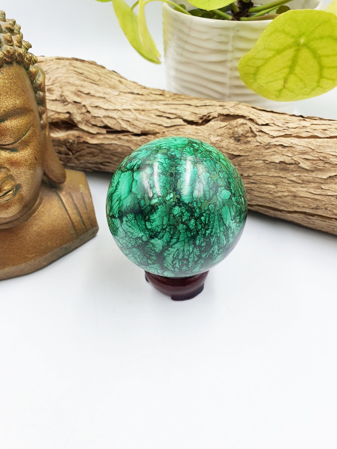 Beautiful Malachite Sphere With Feather Patterns / Large Natural ...