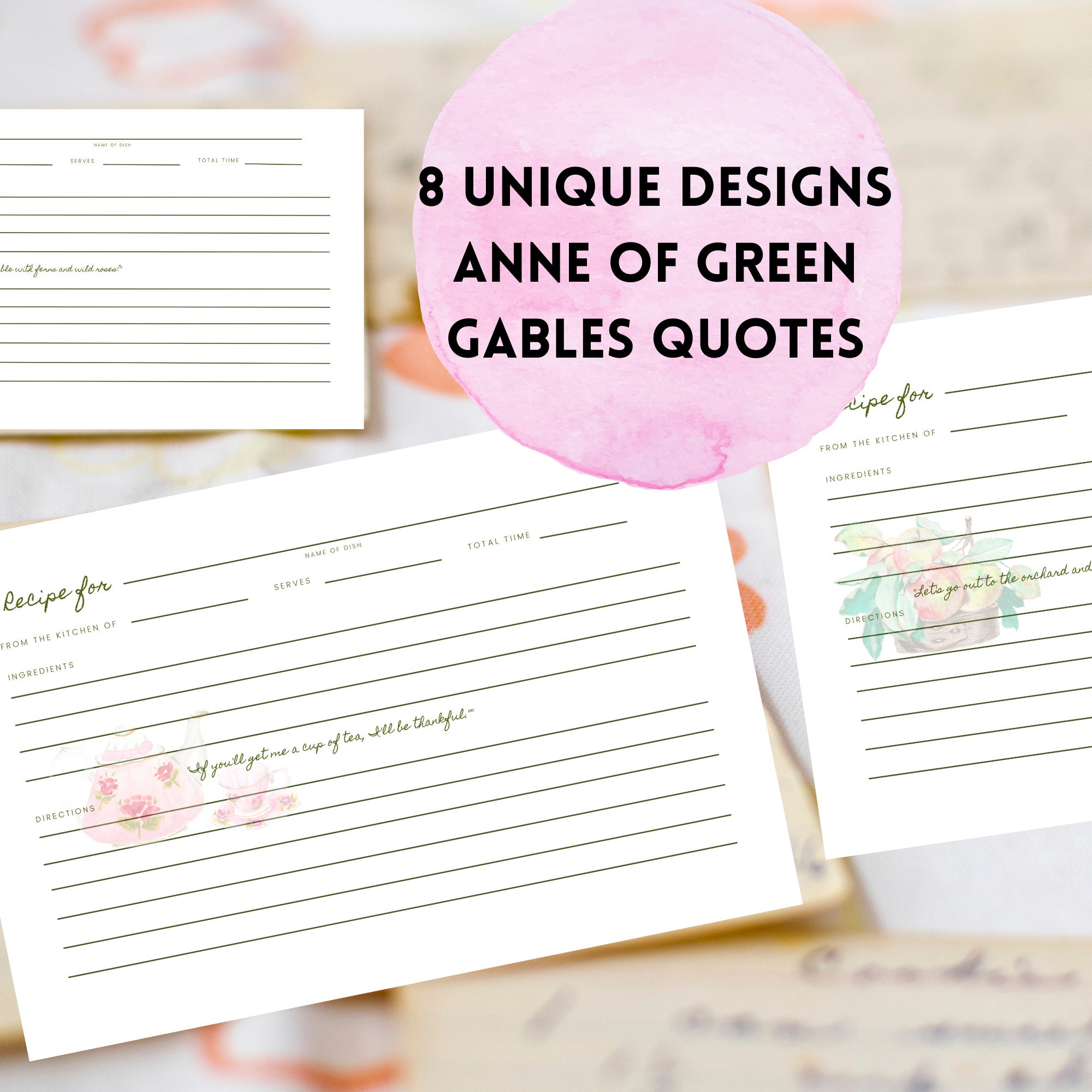 Printable Recipe Cards Anne of Green Gables Quotes 4x6, Family Recipe ...