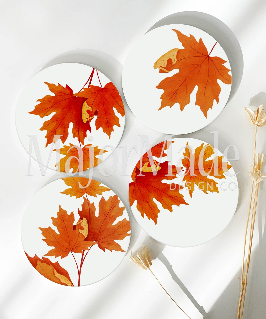 Maple Leaves Fall Coaster Set, Set of 4 Ceramic Coasters, Coasters for ...