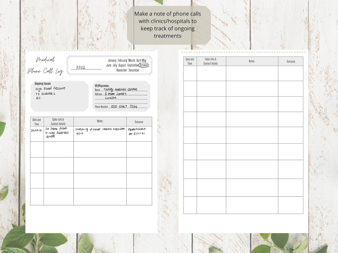 Medical Phone Call Log| Phone Call Record | Medical Chart | Medical ...