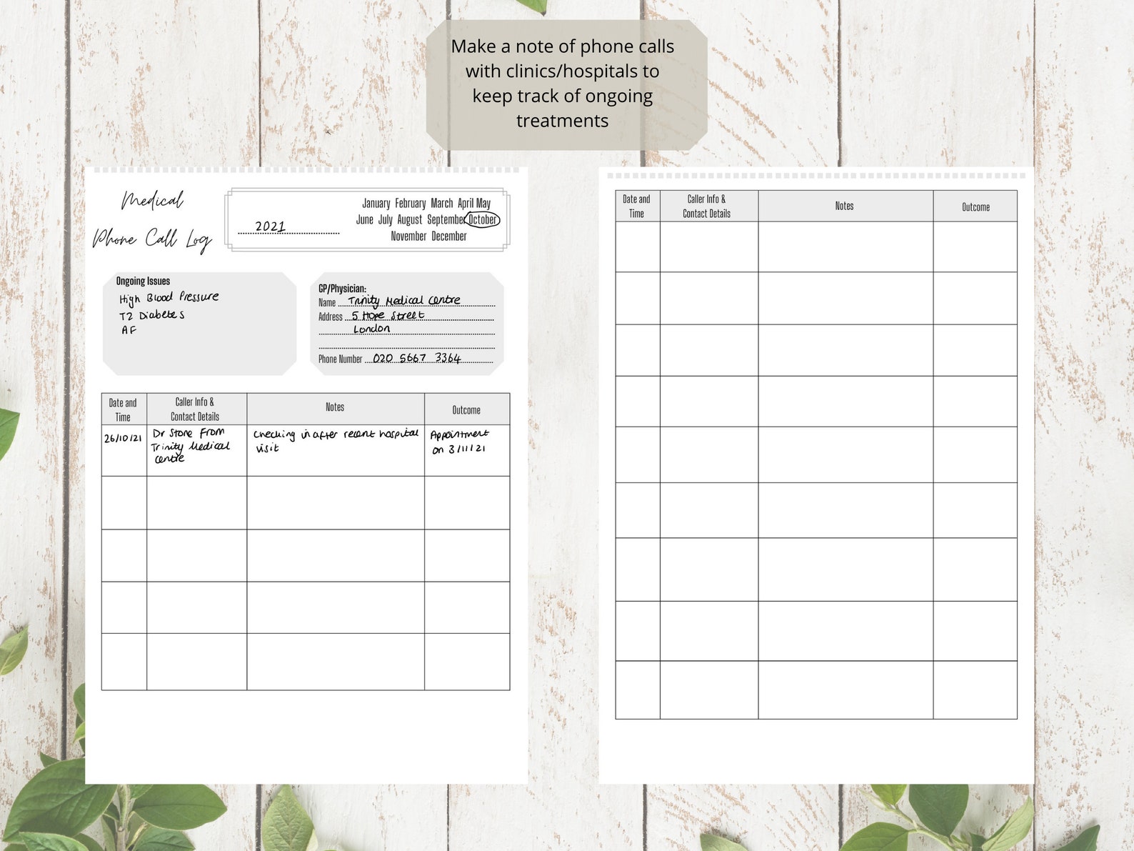 Medical Phone Call Log| Phone Call Record | Medical Chart | Medical ...