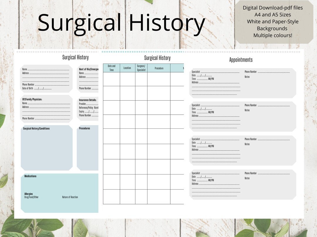 Surgical History Chart | Surgical History | Medical Chart | Medical ...