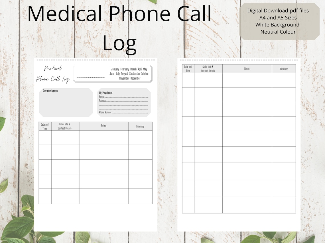 Medical Phone Call Log| Phone Call Record | Medical Chart | Medical ...