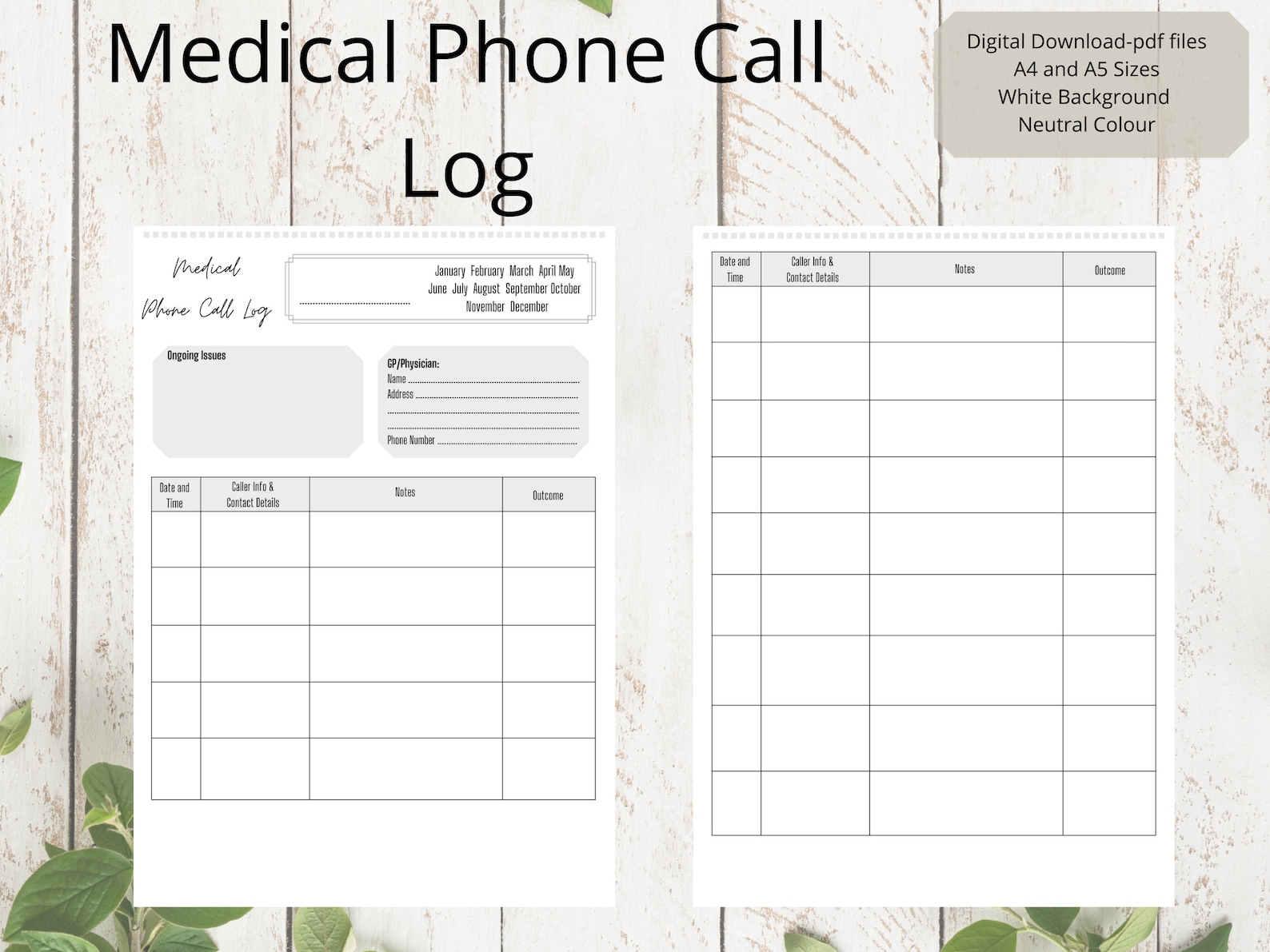 Medical Phone Call Log| Phone Call Record | Medical Chart | Medical ...