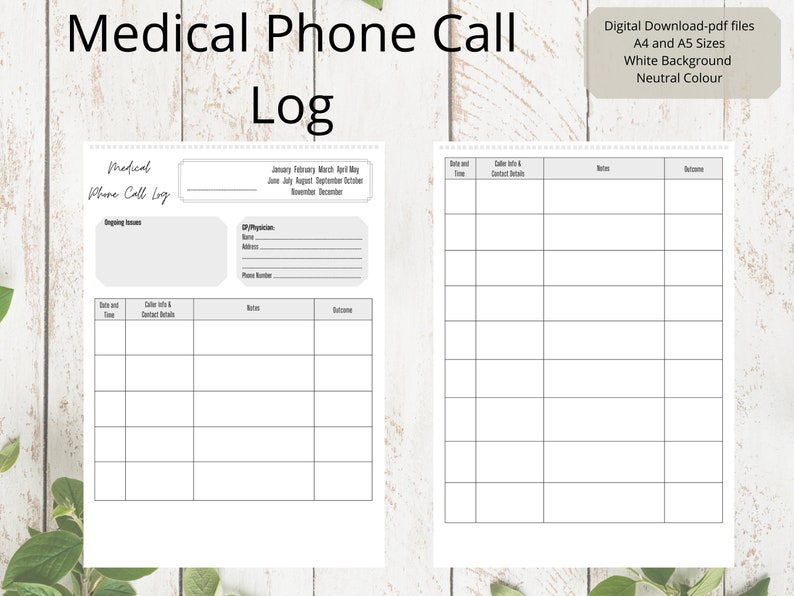 Medical Phone Call Log| Phone Call Record | Medical Chart | Medical ...