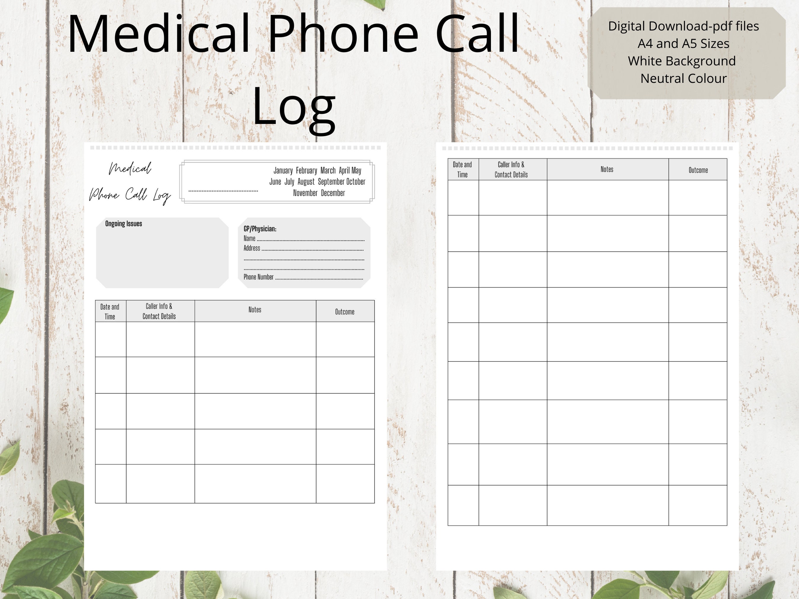 Medical Phone Call Log| Phone Call Record | Medical Chart | Medical ...