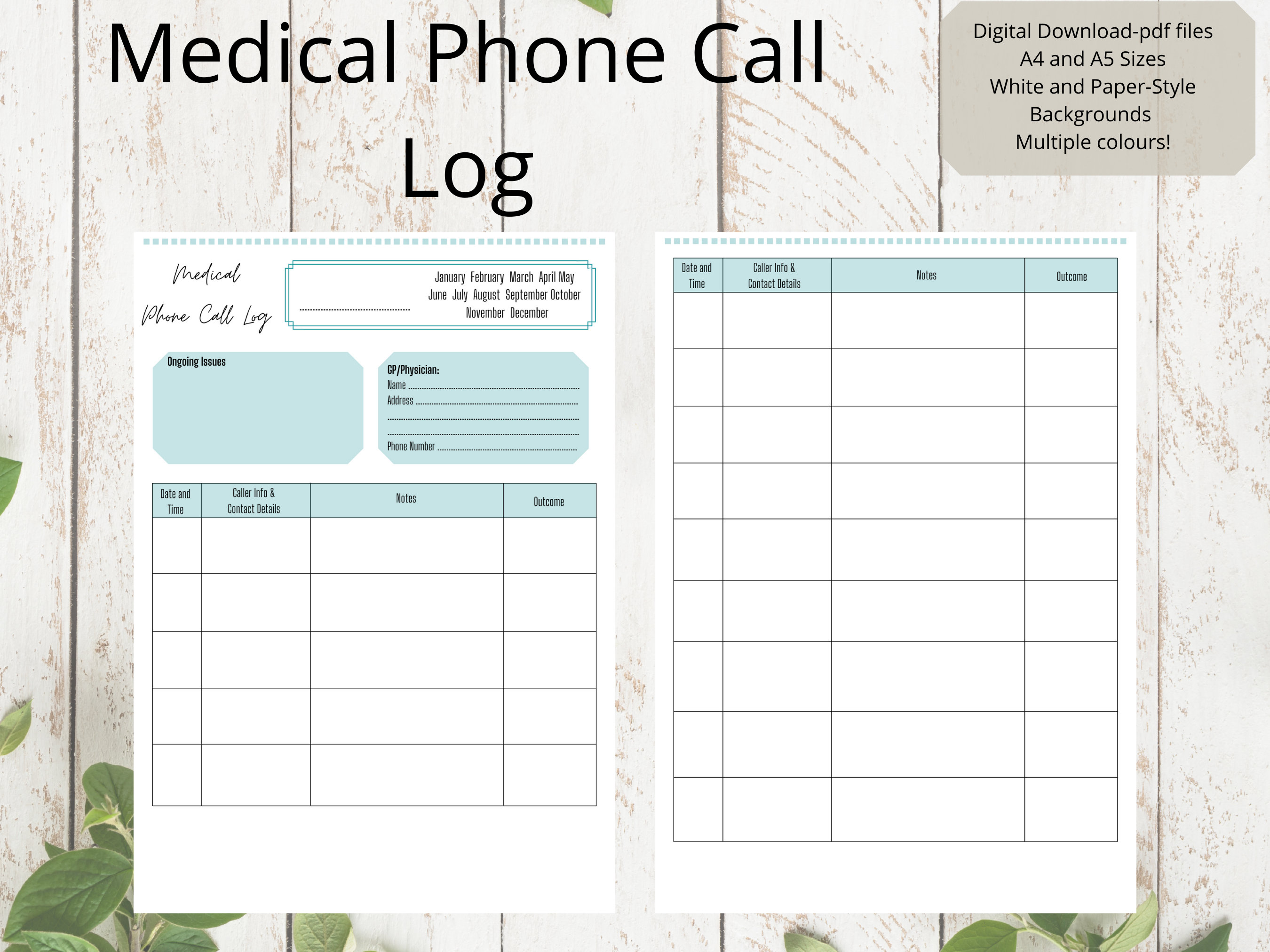 Medical Phone Call Log| Phone Call Record | Medical Chart | Medical ...