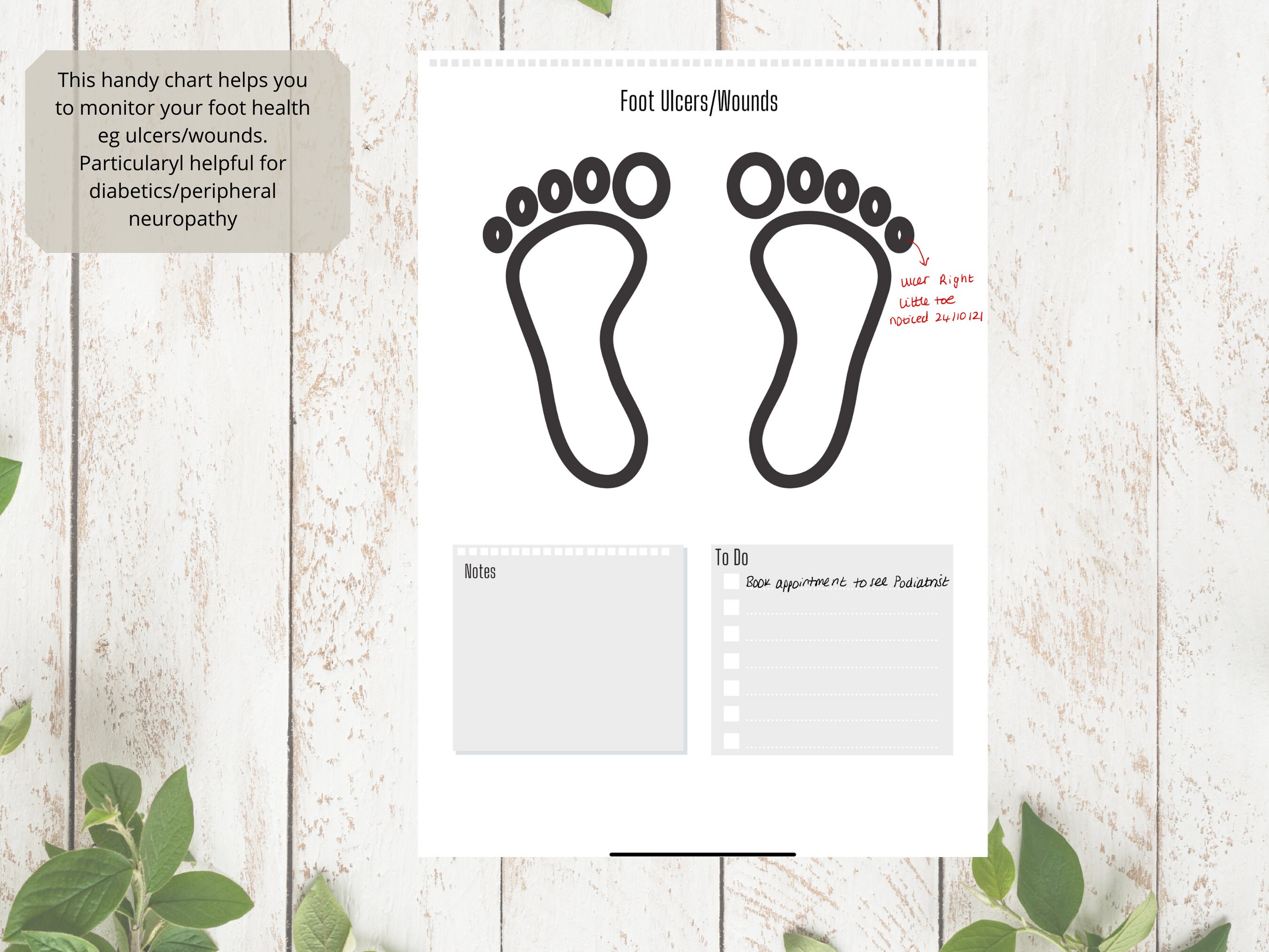 Foot Care Chart Podiatry Diabetes Chiropodist Printable Medical Chart ...