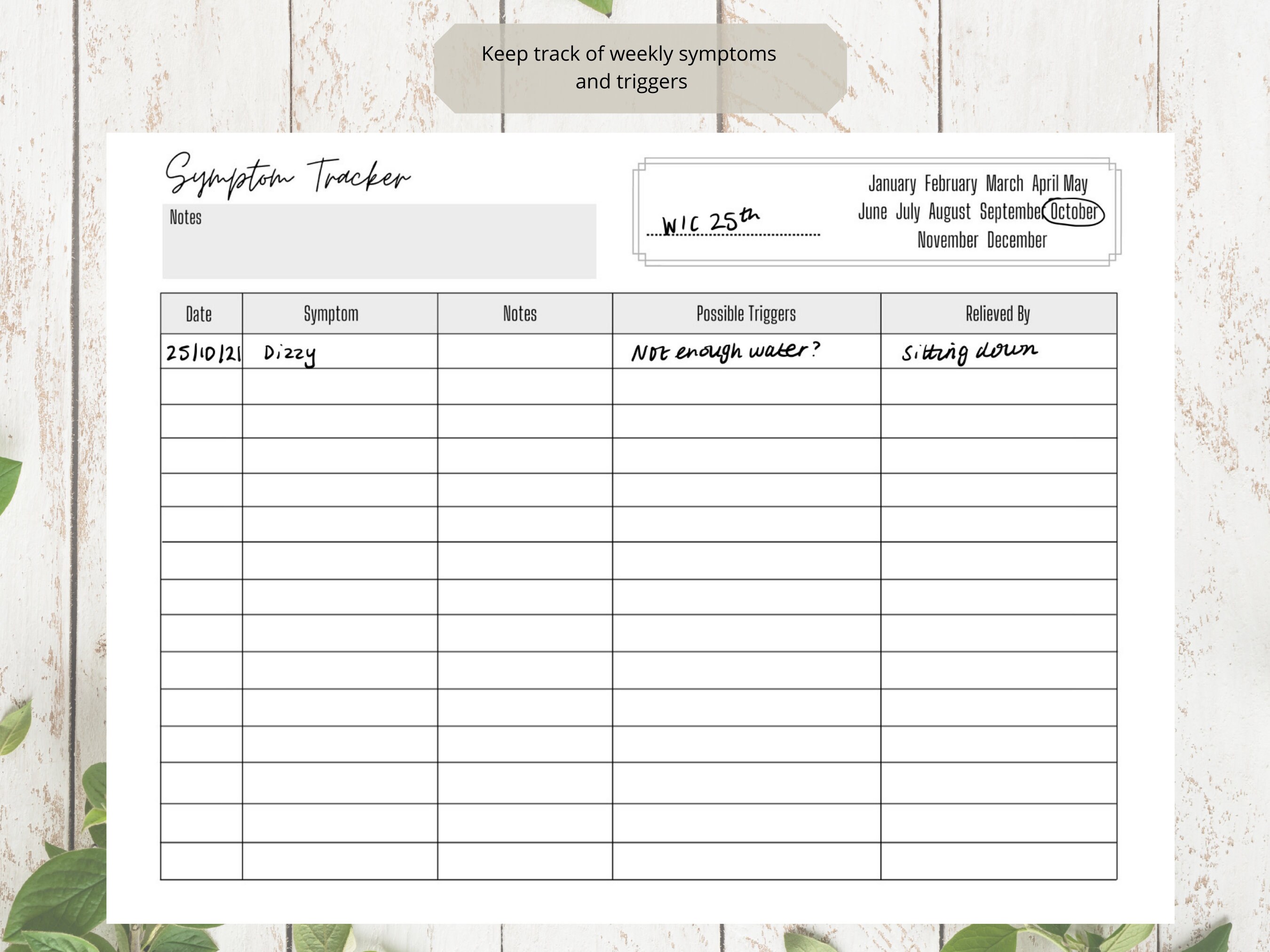 Weekly Symptom Tracker Chart Symptom Tracker Digital Planner Digital ...
