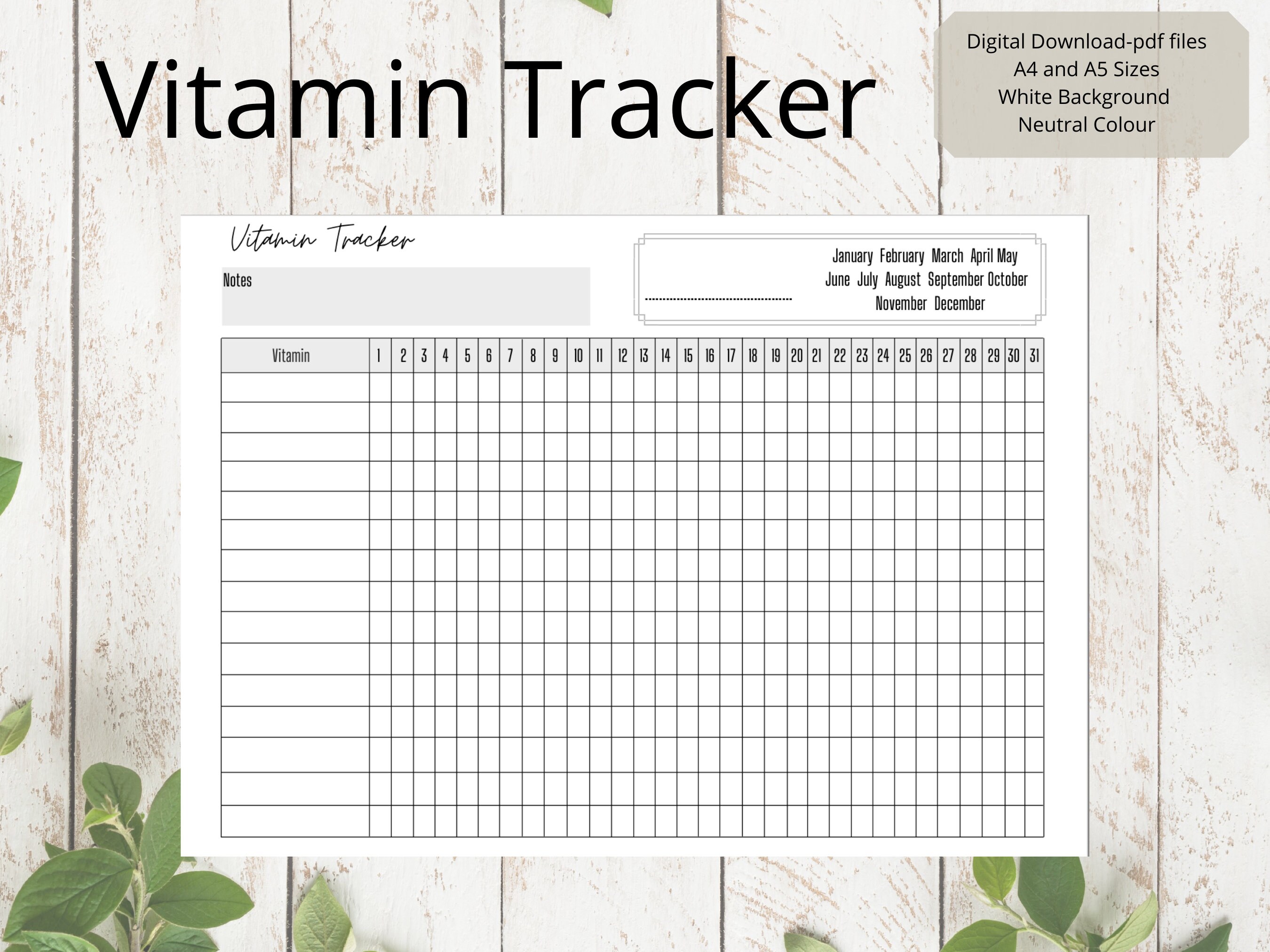 Monthly Vitamin Tracker Vitamin Log Vitamin Chart Printable Medical ...