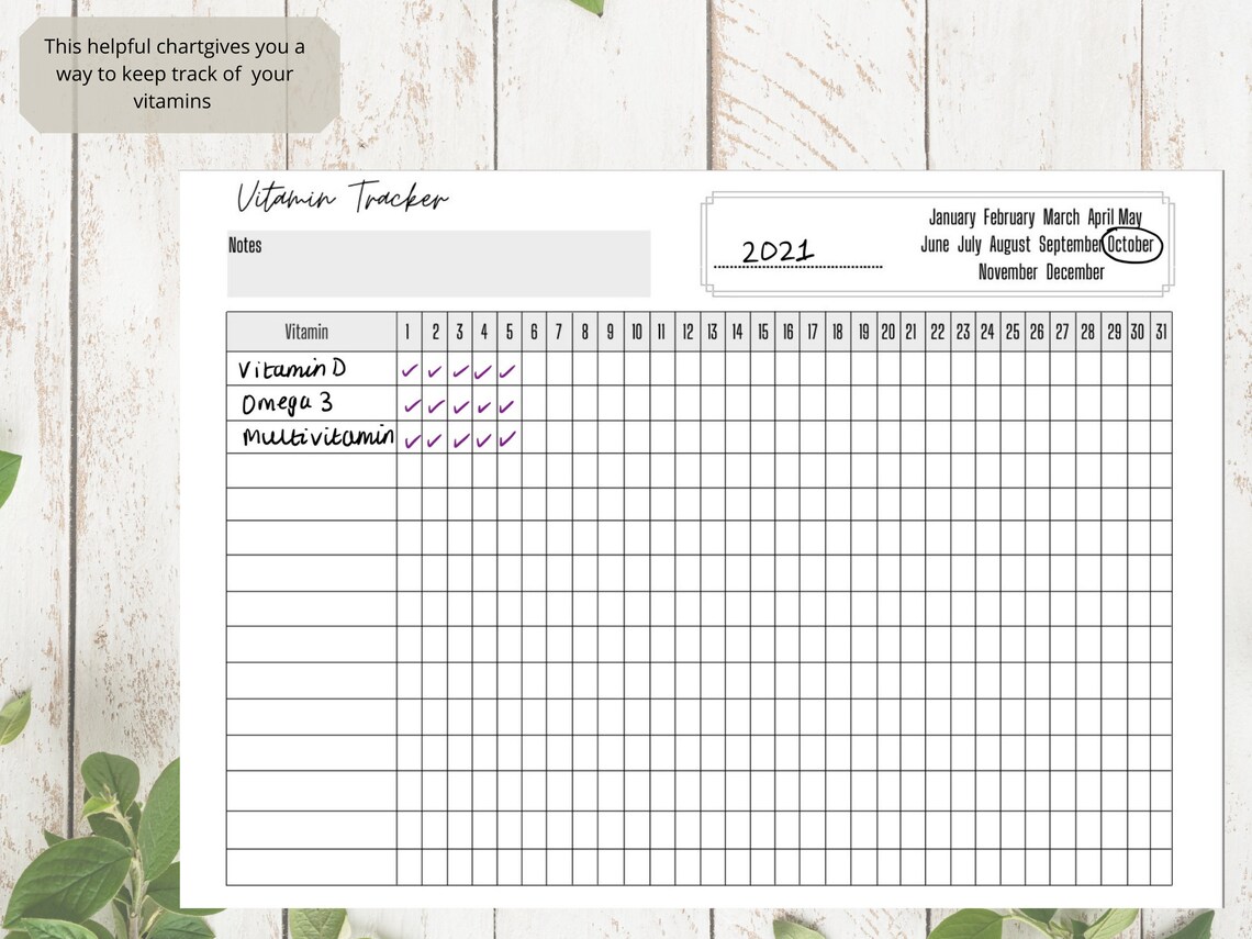 Monthly Vitamin Tracker | Vitamin Log | Vitamin Chart | Printable ...