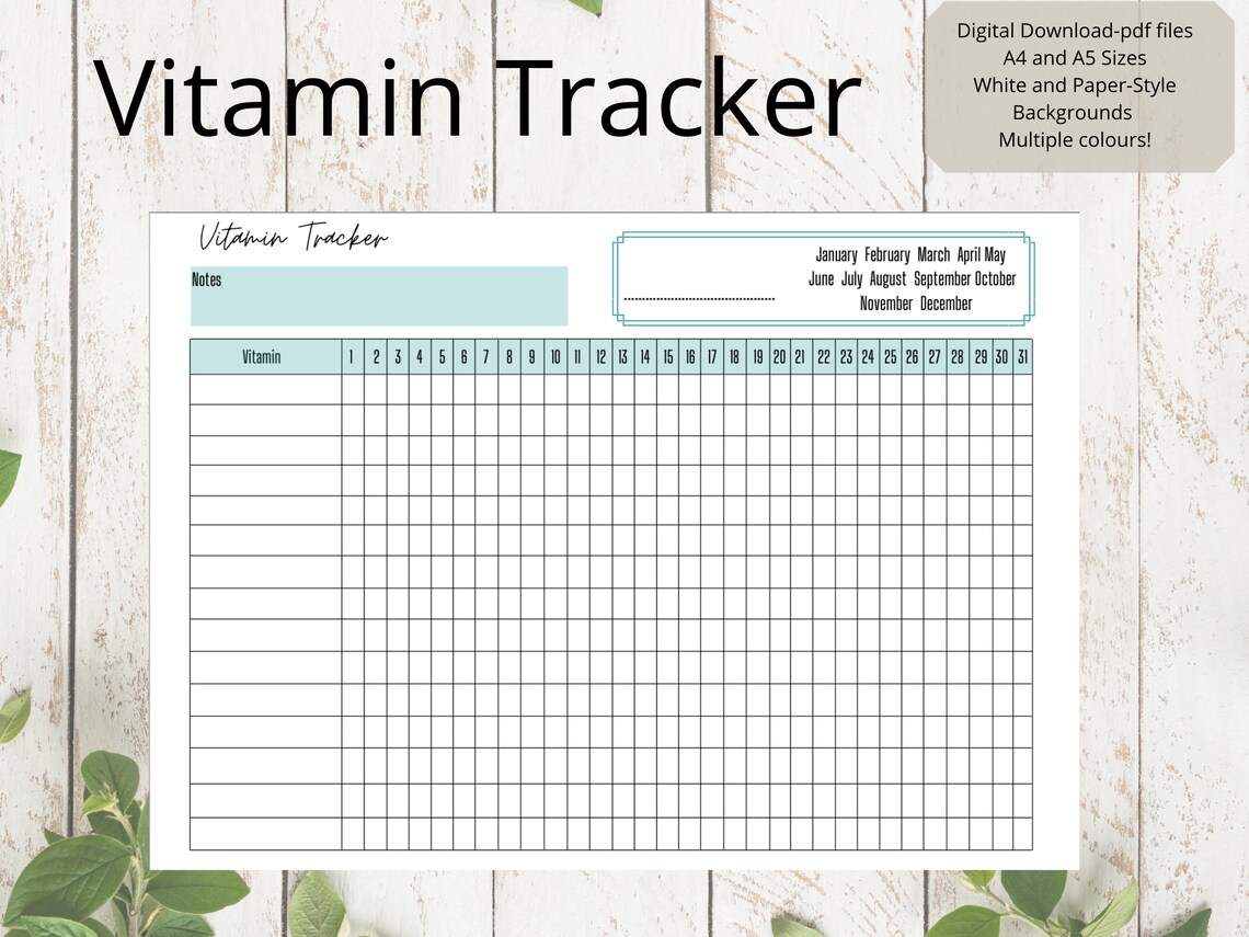 Monthly Vitamin Tracker | Vitamin Log | Vitamin Chart | Printable ...