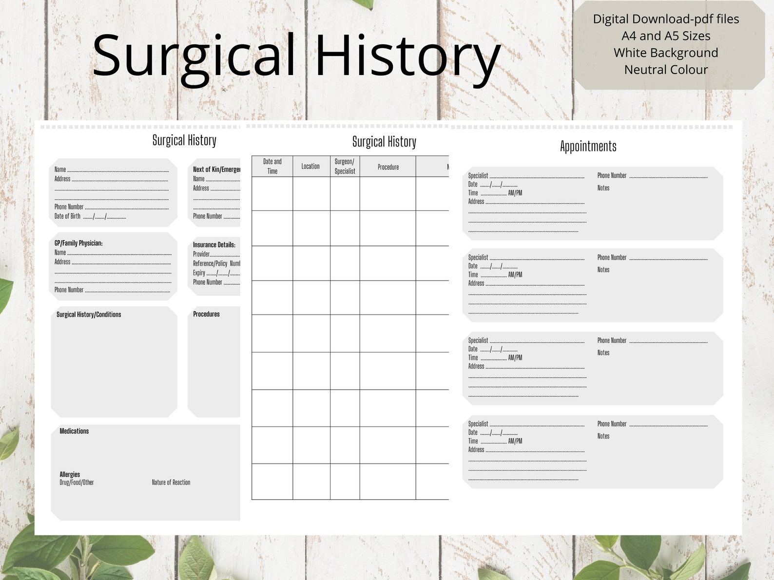 Surgical History Chart | Surgical History | Medical Chart | Medical ...