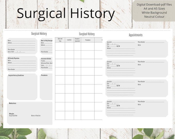 Surgical History Chart Surgical History Medical Chart - Etsy