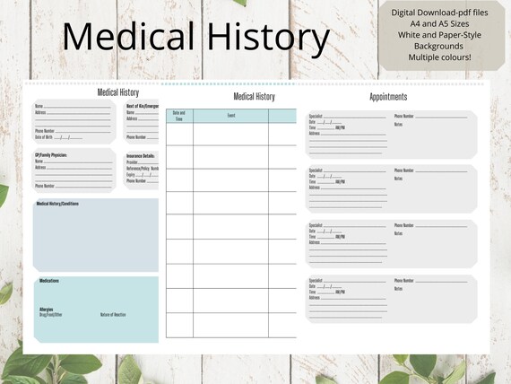 Medical History Chart Medical Information Form Medical - Etsy