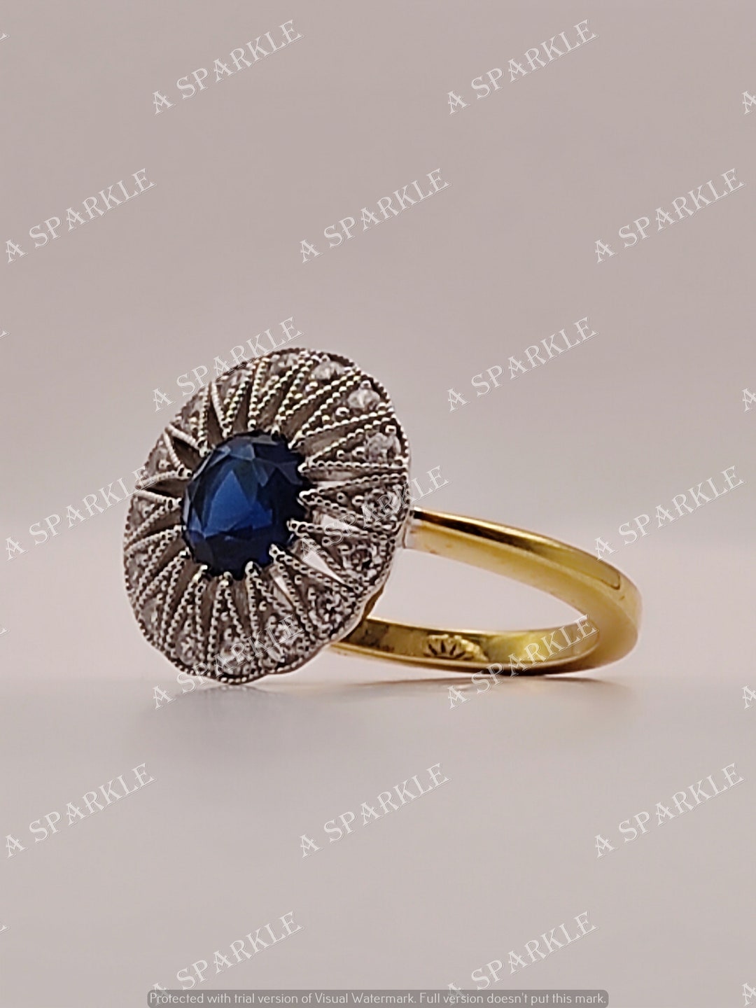 Vintage Blue Sapphire Round Diamond Engagement Wedding Ring in 925 ...