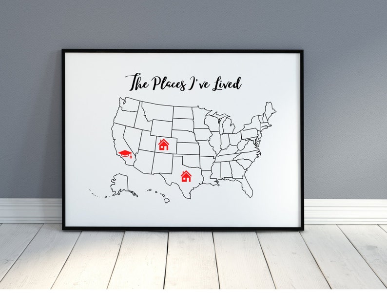 Places I've Lived Art Home State Map Custom Map Art USA - Etsy