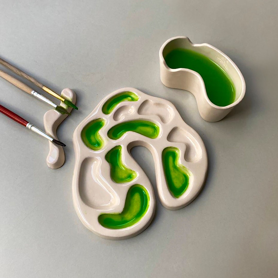 Handmade Ceramic Paint Palette Set, Watercolor Palette, Abstract Leaf ...