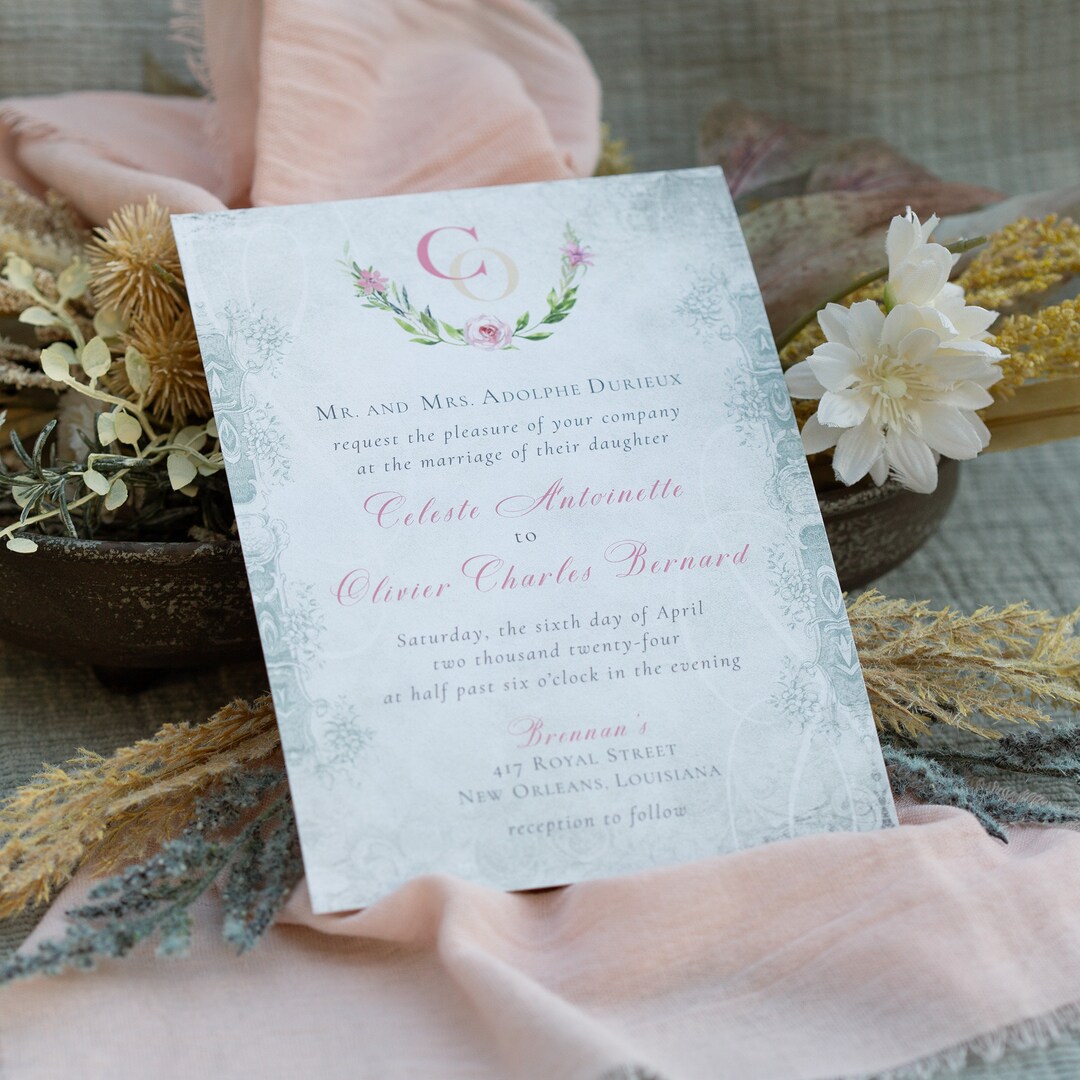 Grey Damask Wedding Invitation Hot Pink Floral Watercolor Invite French ...