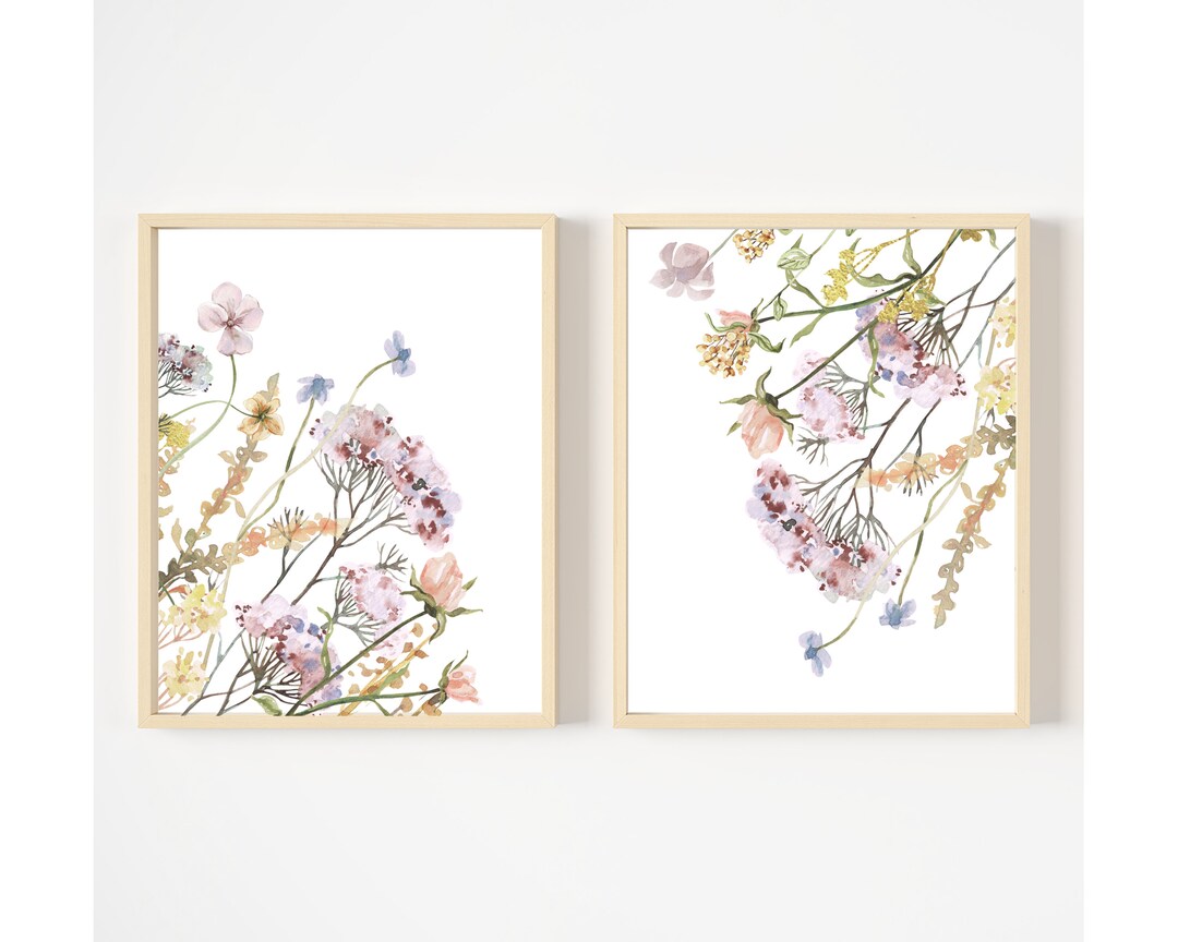 Wildflower Watercolor Prints, Set of 2, Floral Bedroom Decor (digital ...