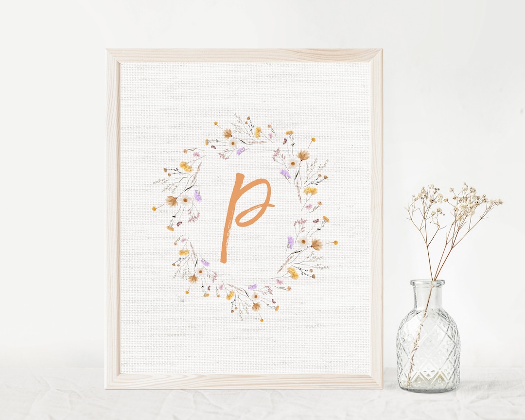 Initial Print, Monogram Printable, P Monogram, Wreath Print, Letter P ...
