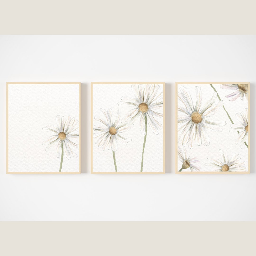 Watercolor Daisy Print Set, Neutral Floral Wall Art (digital Download ...
