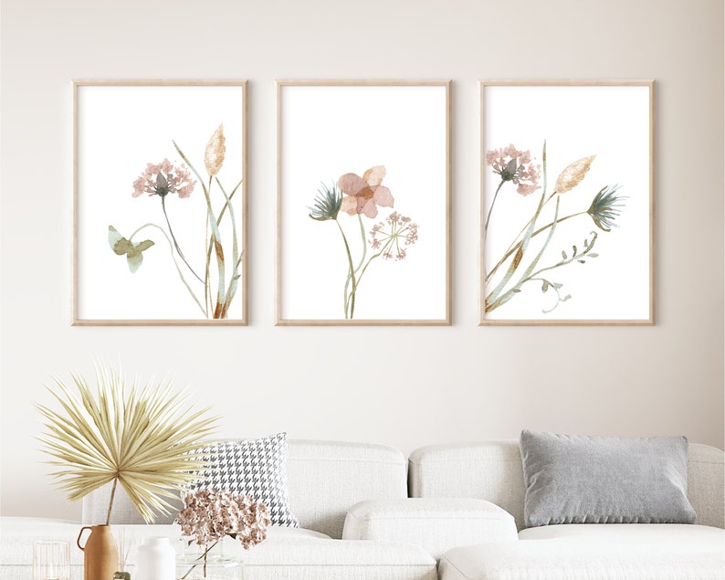 Blush Floral Prints Set of 3, Watercolor Wildflower Art (digital Print ...