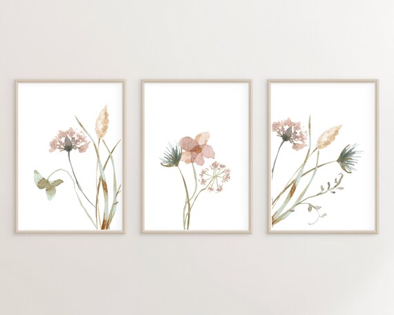 Floral Wall Art Set of 3 Flower Prints Blush Flower Art - Etsy