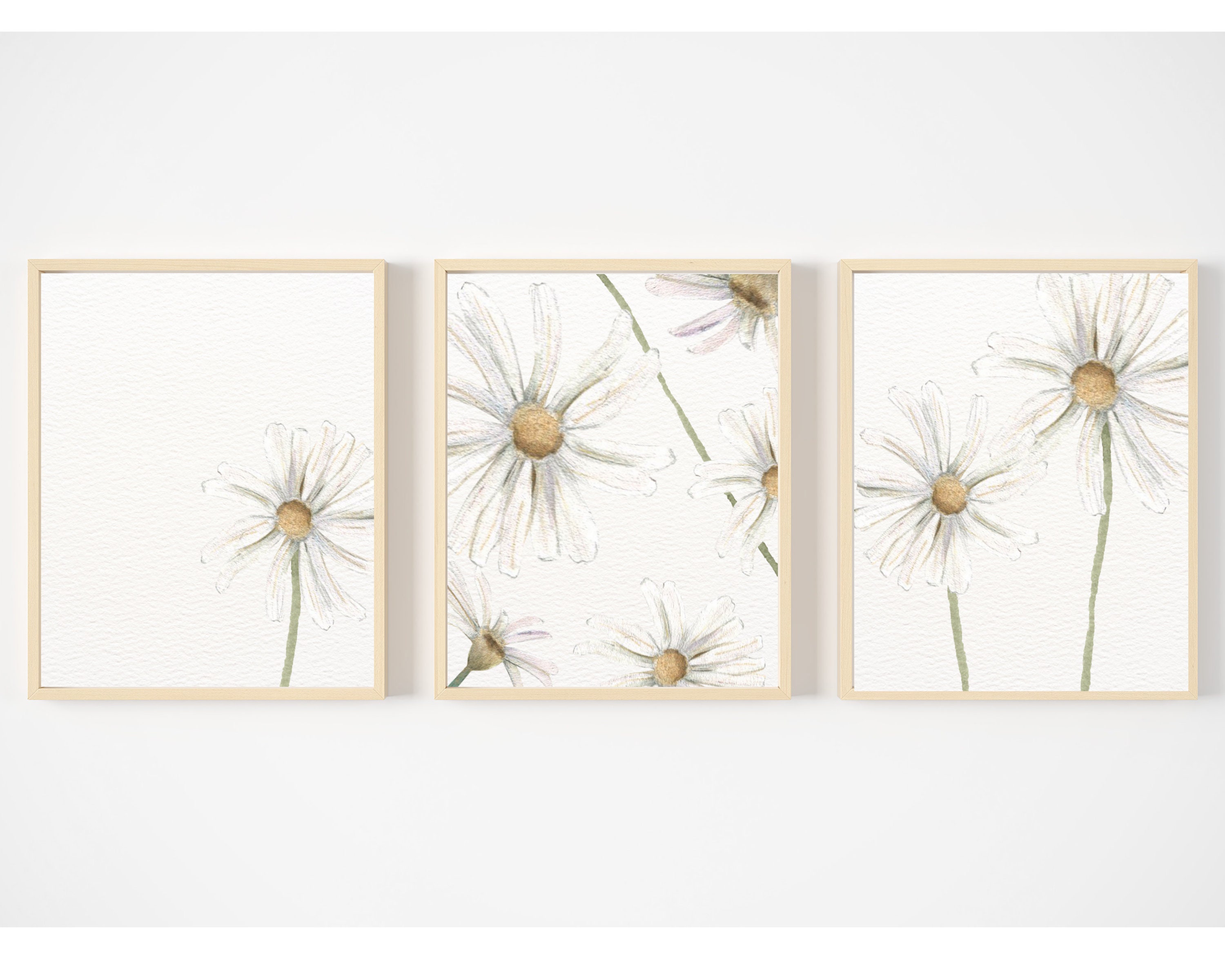 Watercolor Daisy Print Set, Neutral Floral Wall Art (digital Download ...