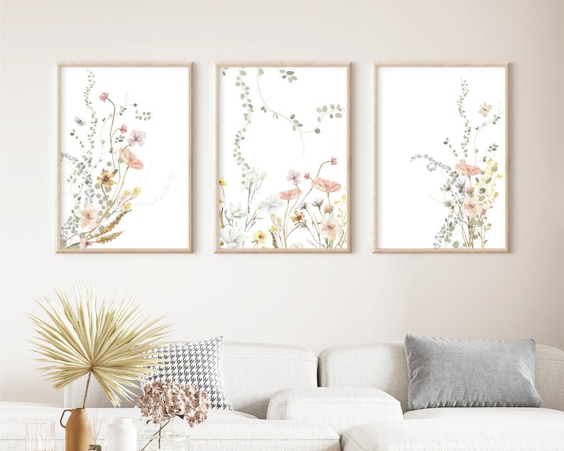 Set of 3 Flower Prints, Flower Print Set, Water Color Prints, Wall ...