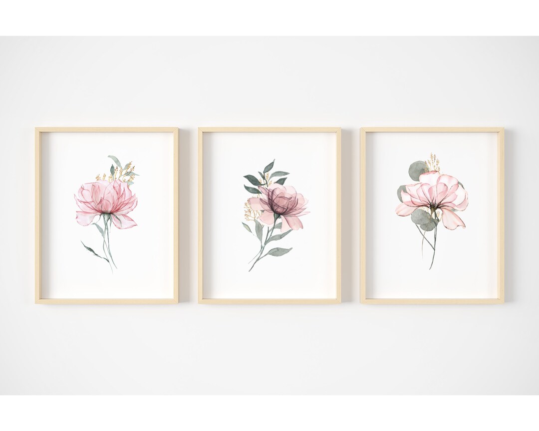 Pink Floral Prints, Girl Nursery Prints, Set of 3 Flower Prints, Pink ...