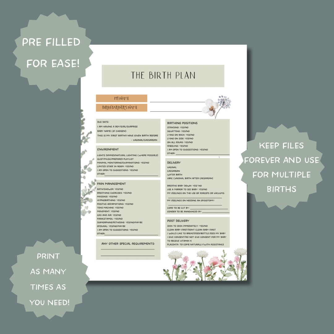 Plantilla de plan de parto, plan de parto imprimible, trabajo de parto ...