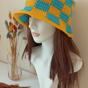Checkered Hat for Summer, Crochet Bucket Trendy Beanie, Street Wear ...