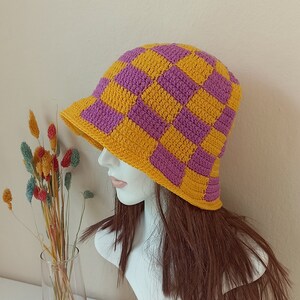 Checkered Hat for Summer, Crochet Bucket Trendy Beanie, Street Wear ...
