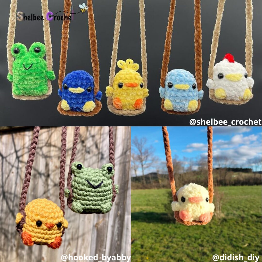2 in 1 Crochet Pattern | Chick and Frog on a Swing Car Accessory, Amigurumi Crochet PDF Pattern ...
