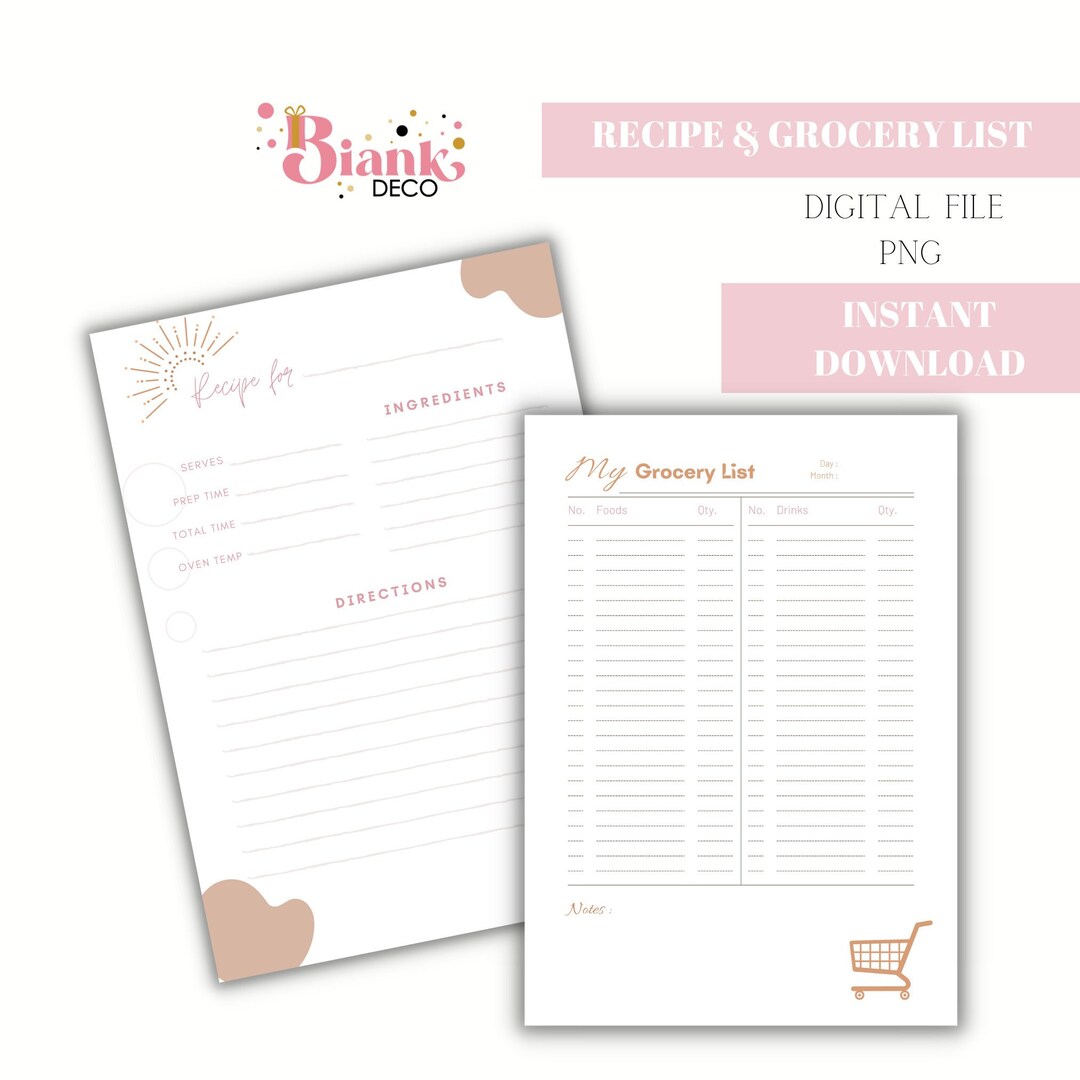 Recipe Digital File, Printable Recipe, Grocery List, Recipe PDF, Recipe ...