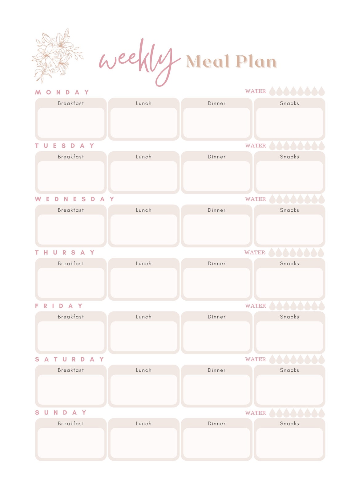 Weekly Meal Plan Form Grocery List Form Digital Meal - Etsy
