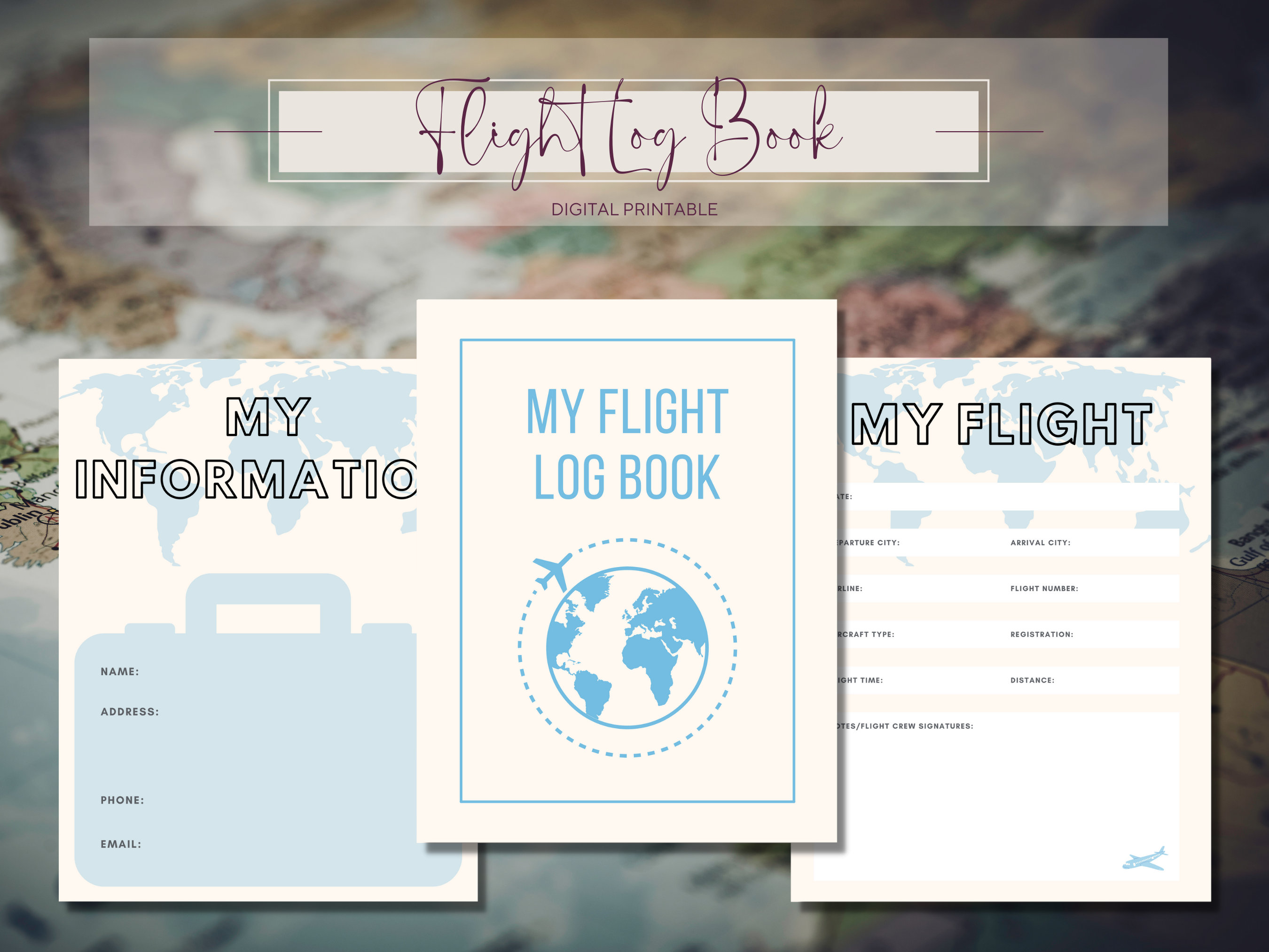 Digital Flight Log Book Blue Printable PDF, Travel Journal, Vacation ...