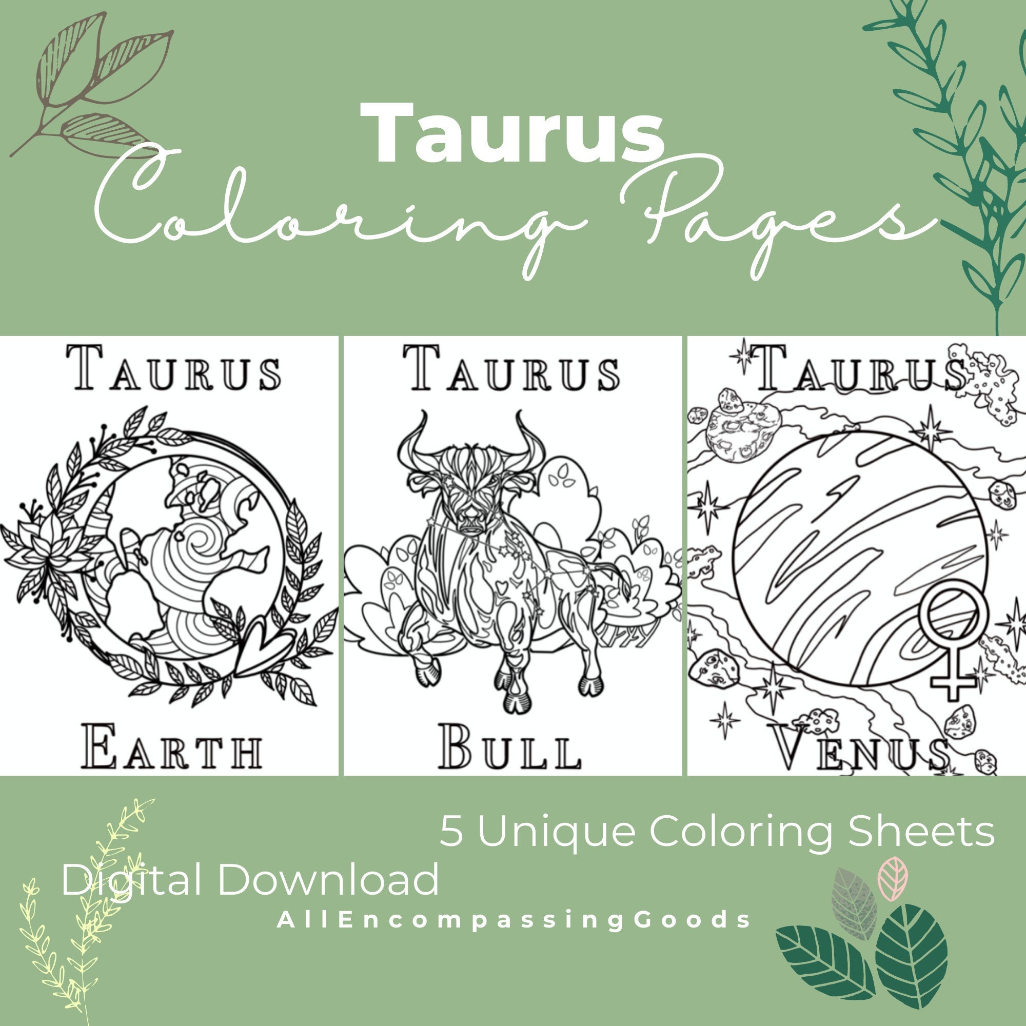 5 Taurus Coloring Pages, Zodiac Coloring Sheet, Taurus Zodiac, Instant ...