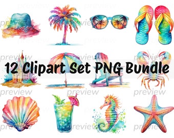 Summer Beach Watercolor Clipart Set, Beach Vacation Clip Art, Boho ...