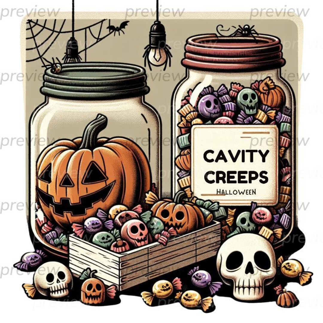 Cavity Creeps Vintage Halloween Candy Jar Clipart, Cartoon Pumpkins ...