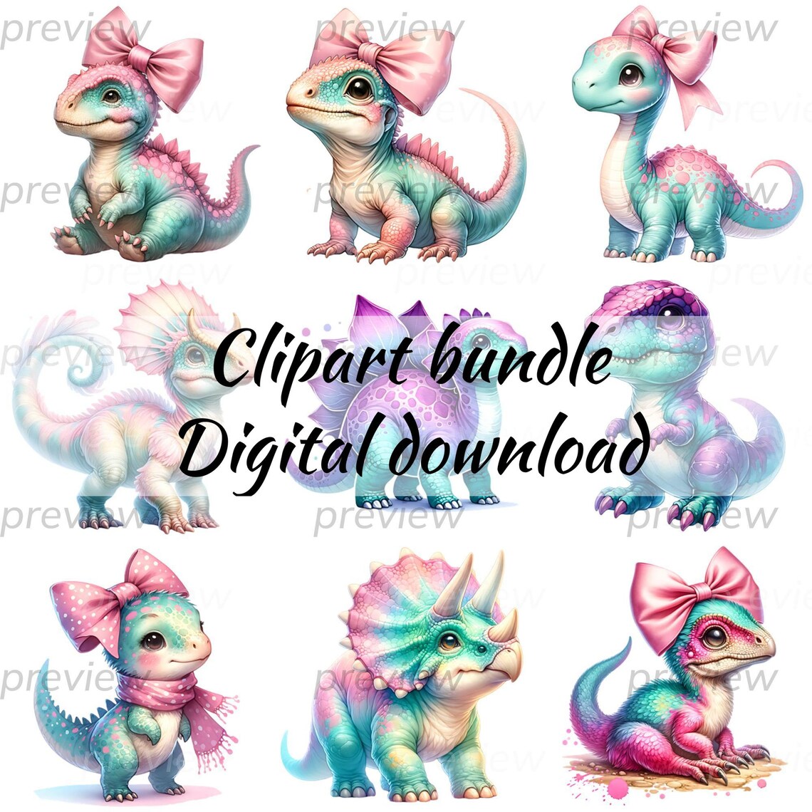 Girly Dinosaurs Watercolor Clipart Set Dino Clip Art Bundle of ...