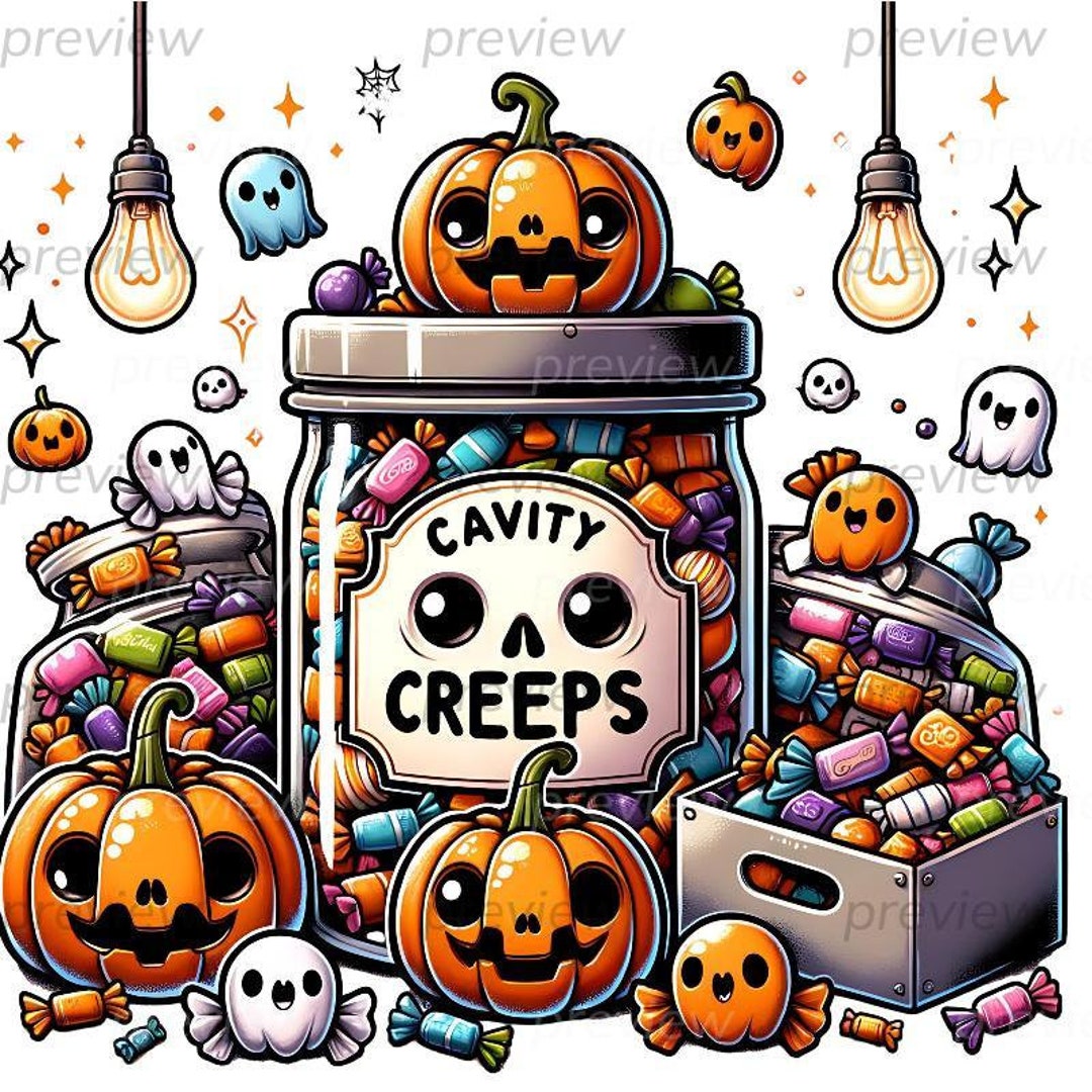 Cavity Creeps Vintage Halloween Candy Jar Clipart, Cartoon Pumpkins ...