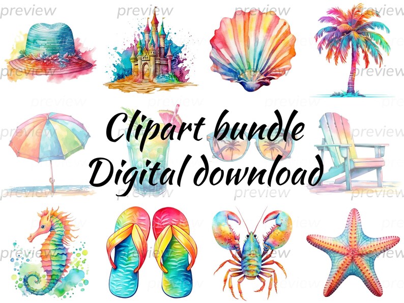 Summer Beach Watercolor Clipart Set, Vacation Clip Art, Boho Tropical ...