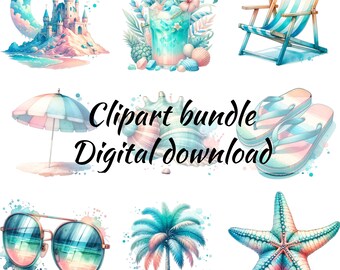 Summer Beach Watercolor Clipart Bundle Vacation Clip Art Boho Tropical ...
